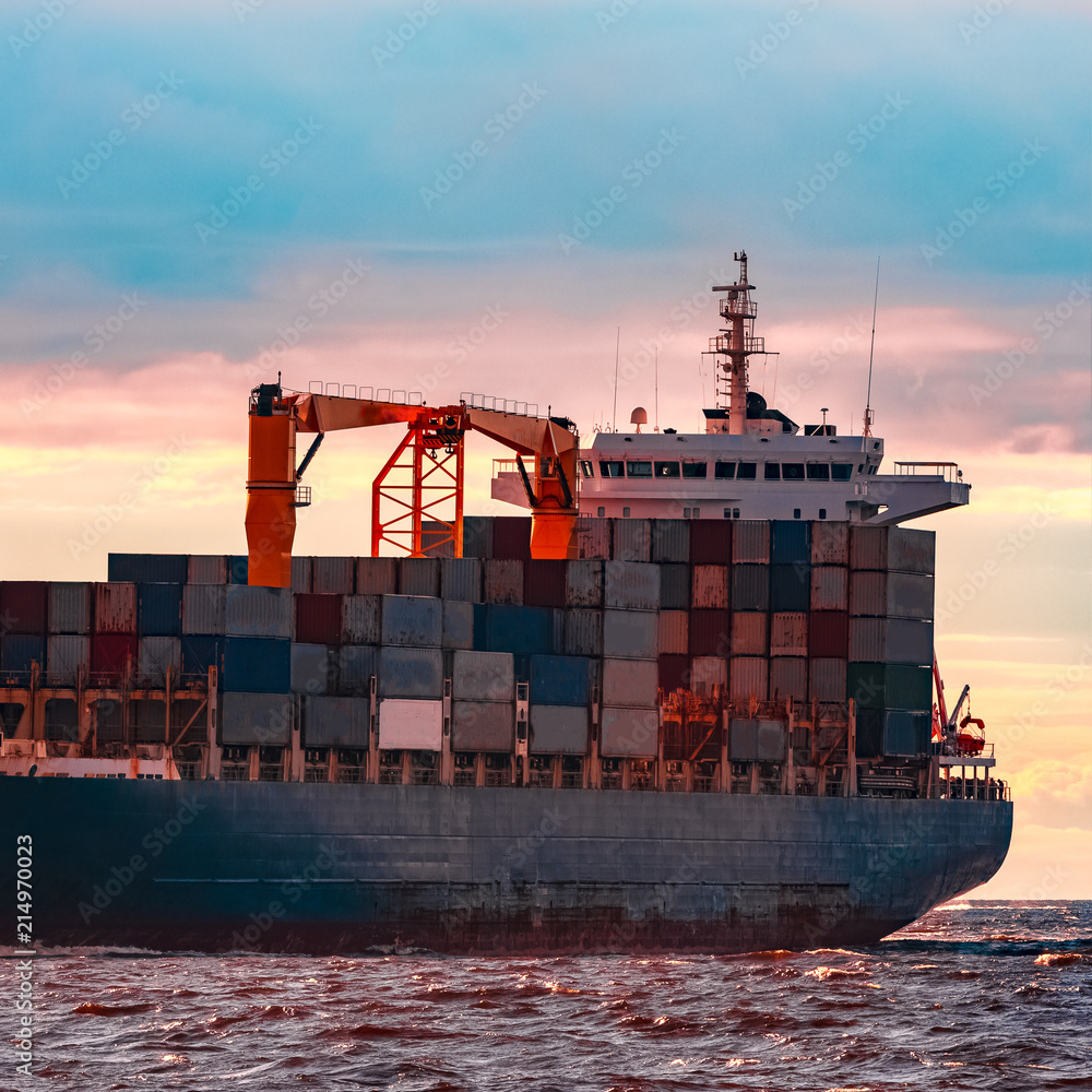 Blue container ship underway Stock Photo | Adobe Stock