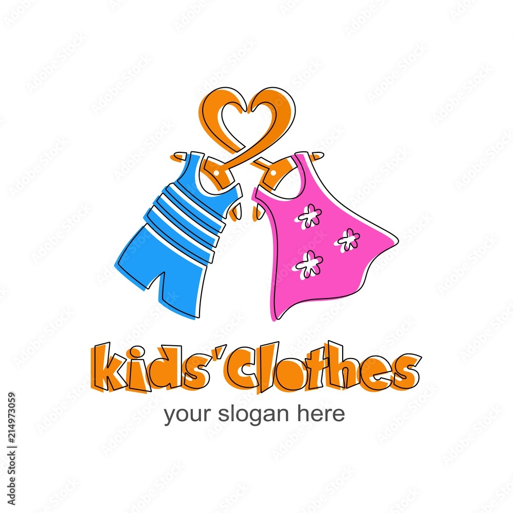 Kids clothes logo. Sign for children's shop. Logotype with orange heart ...