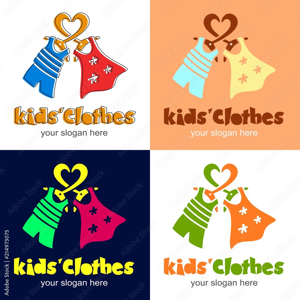 Kids clothes. Logotype with heart, clothes hanger, dress for girl, t ...