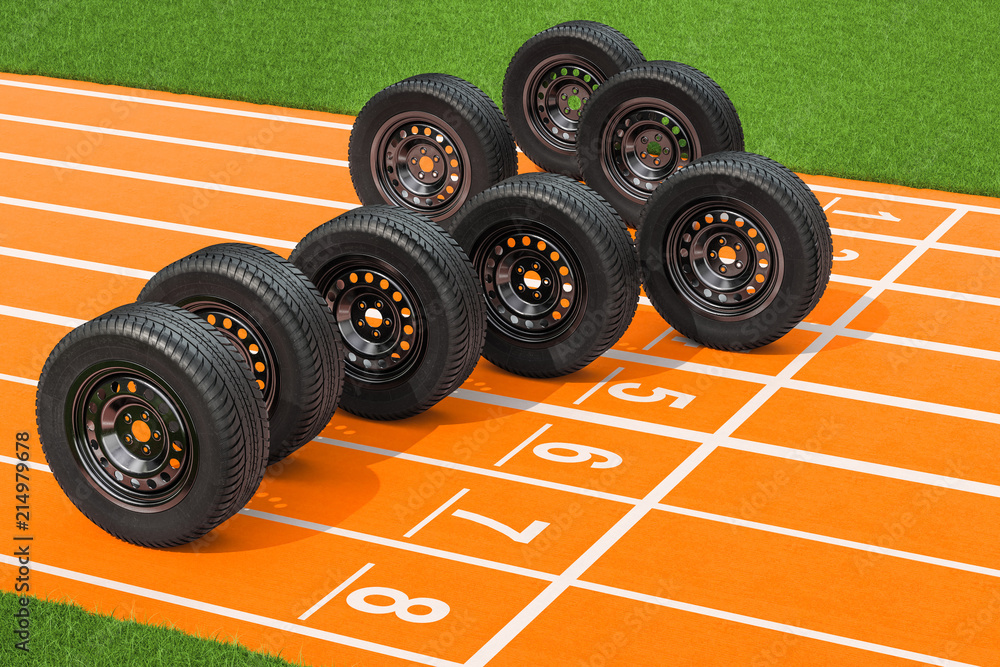 Car wheels on the running track. 3D rendering Stock Illustration ...