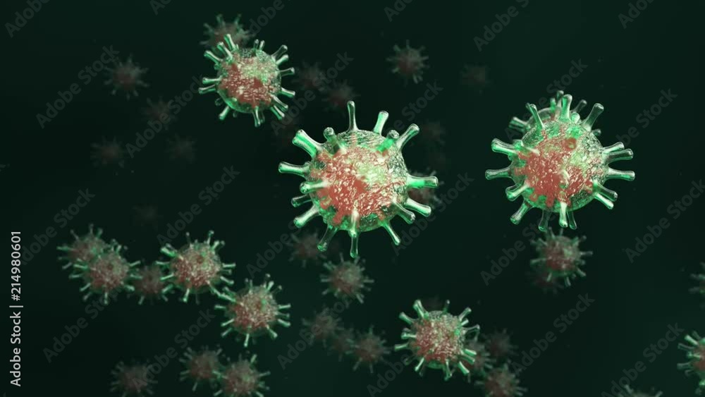 Beautiful animation of the green cells of the virus in a liquid and ...