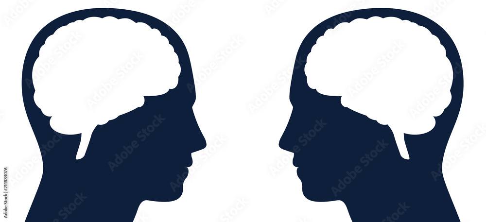 Two heads with brain silhouette facing each other. Symbol for same or ...