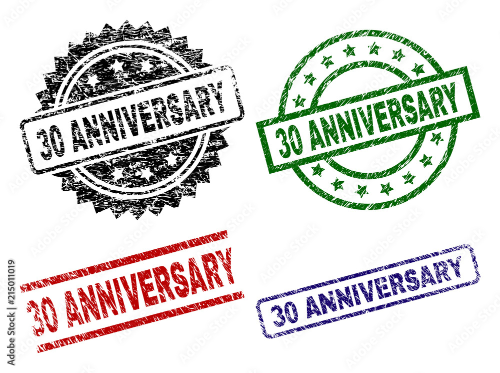 30 ANNIVERSARY seal prints with distress texture. Black, green,red,blue ...
