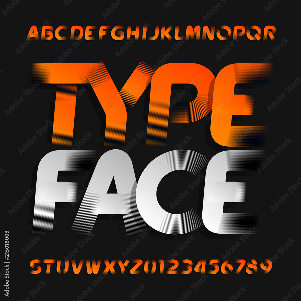 Abstract alphabet typeface. Modern style oblique letters and numbers ...