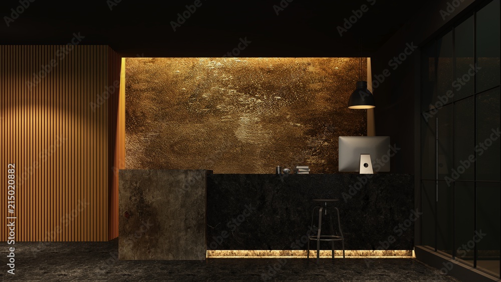 Reception counter interior 3D rendering in hotel - Loft style Stock ...