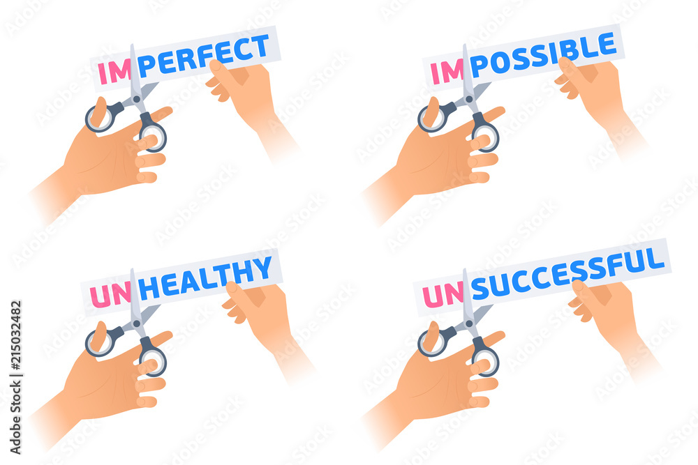 Human hand is using a scissors to cut a demotivation word on the ...