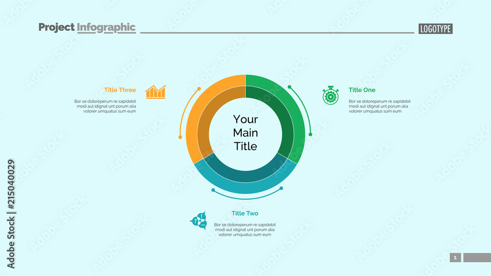 Three equal parts of pie chart slide template. Business data. Graph ...