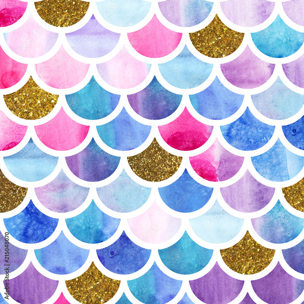 Mermaid scales. Watercolor fish scales. Bright summer pattern with ...