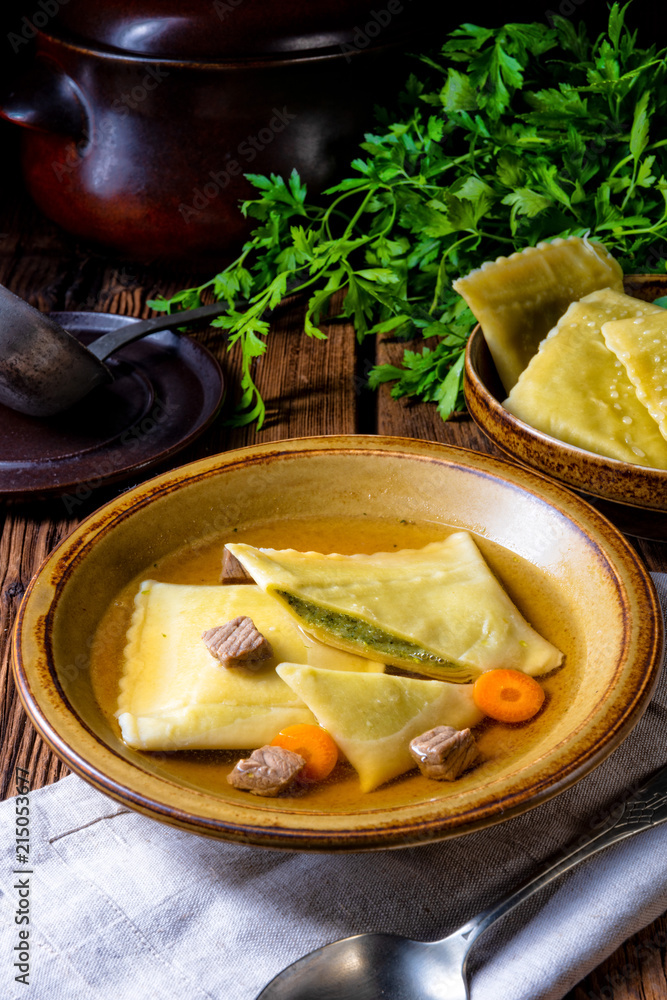 Delicious Swabian original! Maultaschen with traditional filling Stock ...