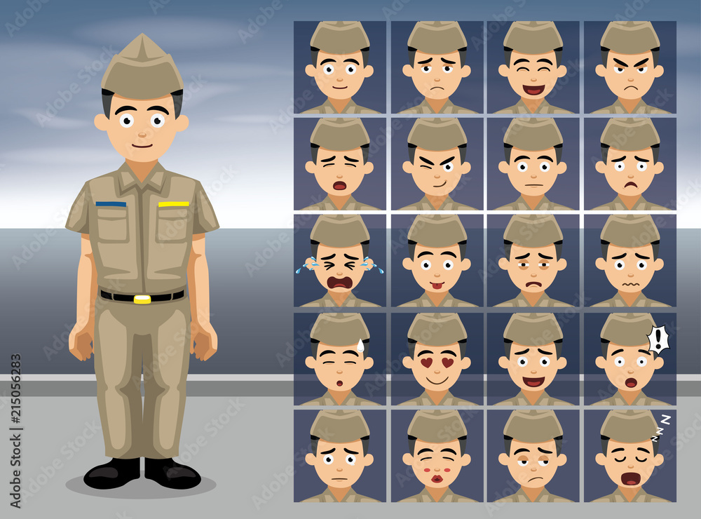 Navy Service Khaki Cartoon Emotion faces Vector Illustration Stock ...