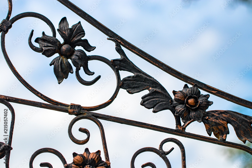 ornate wrought-iron elements of metal gate decoration Stock Photo ...