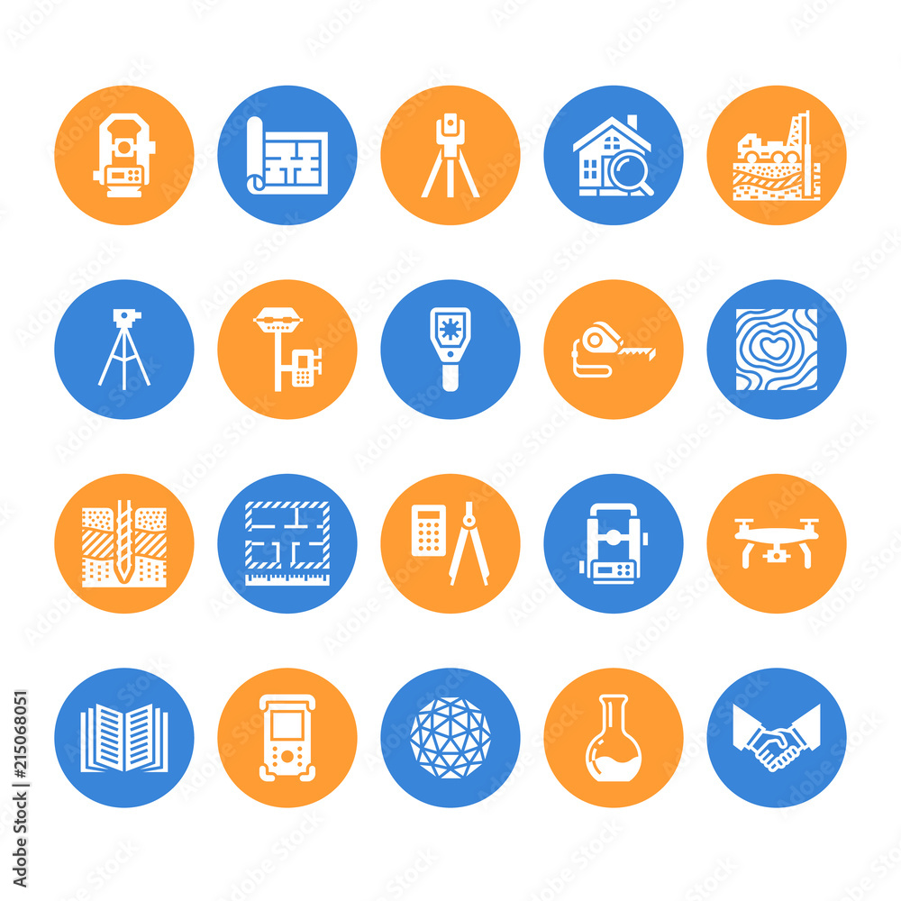 Geodetic survey engineering vector flat glyph icons. Geodesy equipment ...