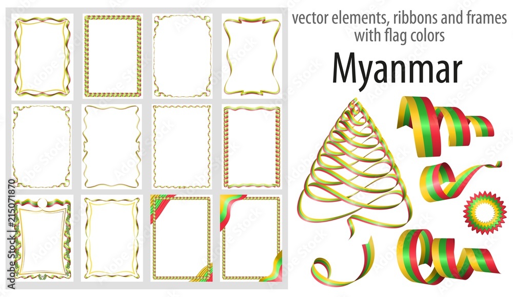 vector elements, ribbons and frames with flag colors Myanmar, template ...