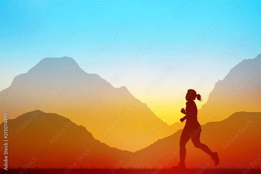silhouette Young woman running on sunset Stock Illustration | Adobe Stock