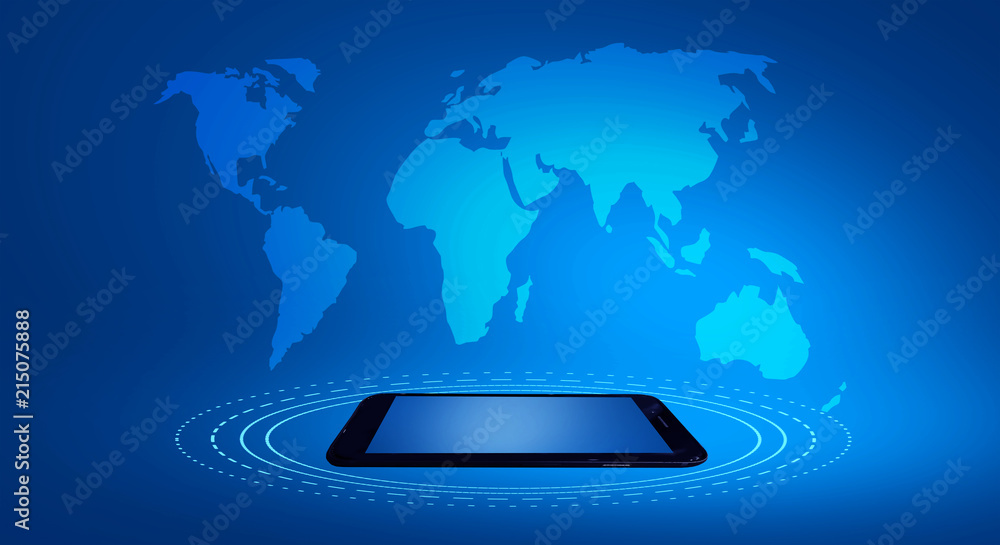 Mobile phone, on a blue neon background, additional reality in the form ...