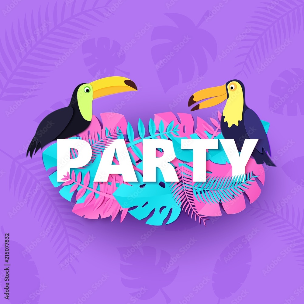 Word PARTY composition with pink blue leaves toucans violet background ...
