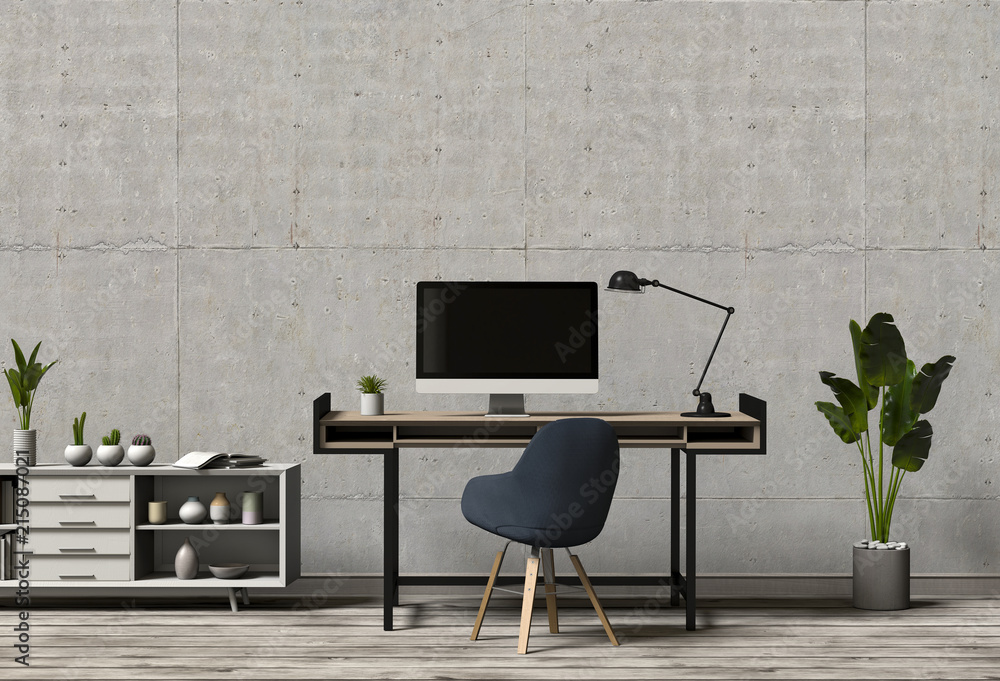 interior modern living room workspace with desk and desktop computer ...