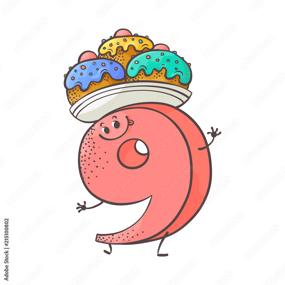 Number nine cute cartoon character with sweet cakes on it isolated on ...