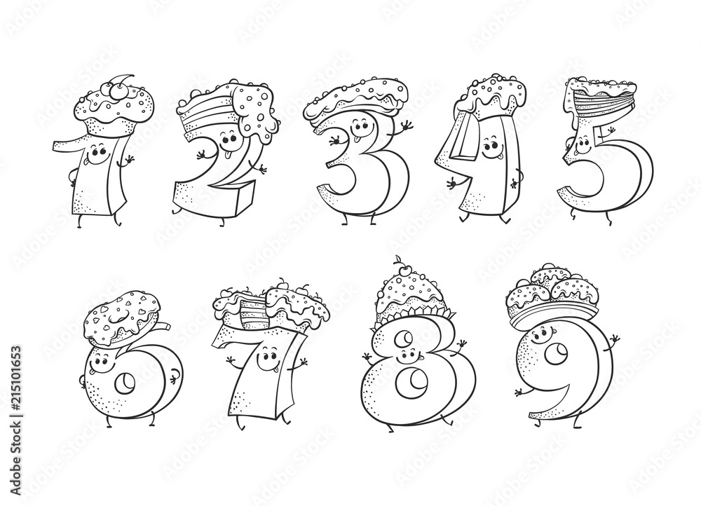 Cute number cartoon characters with sweet cakes and pies for hats set ...