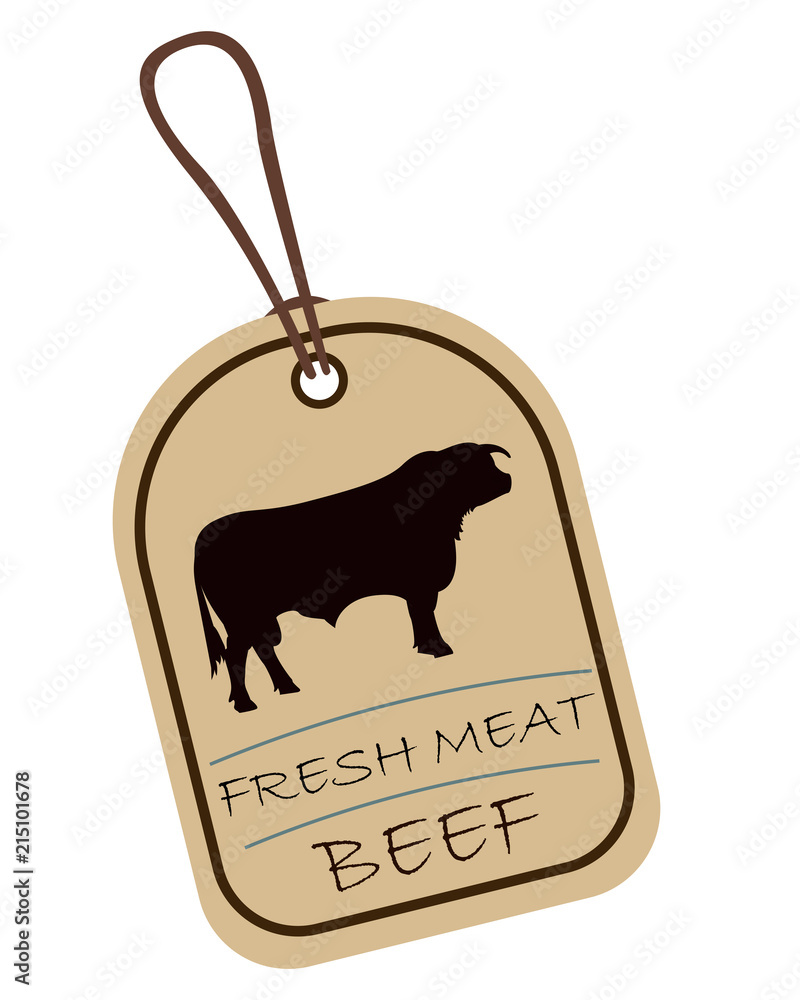 String tag, meat label. Label with illustration of beef. Price list for ...