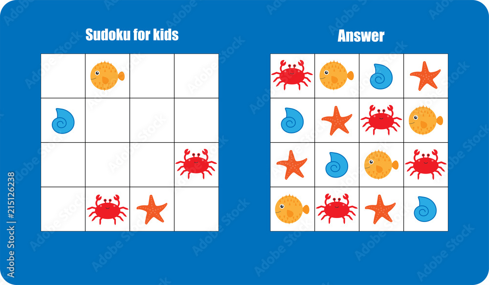 Sudoku game with ocean animals for children, easy level, education game ...