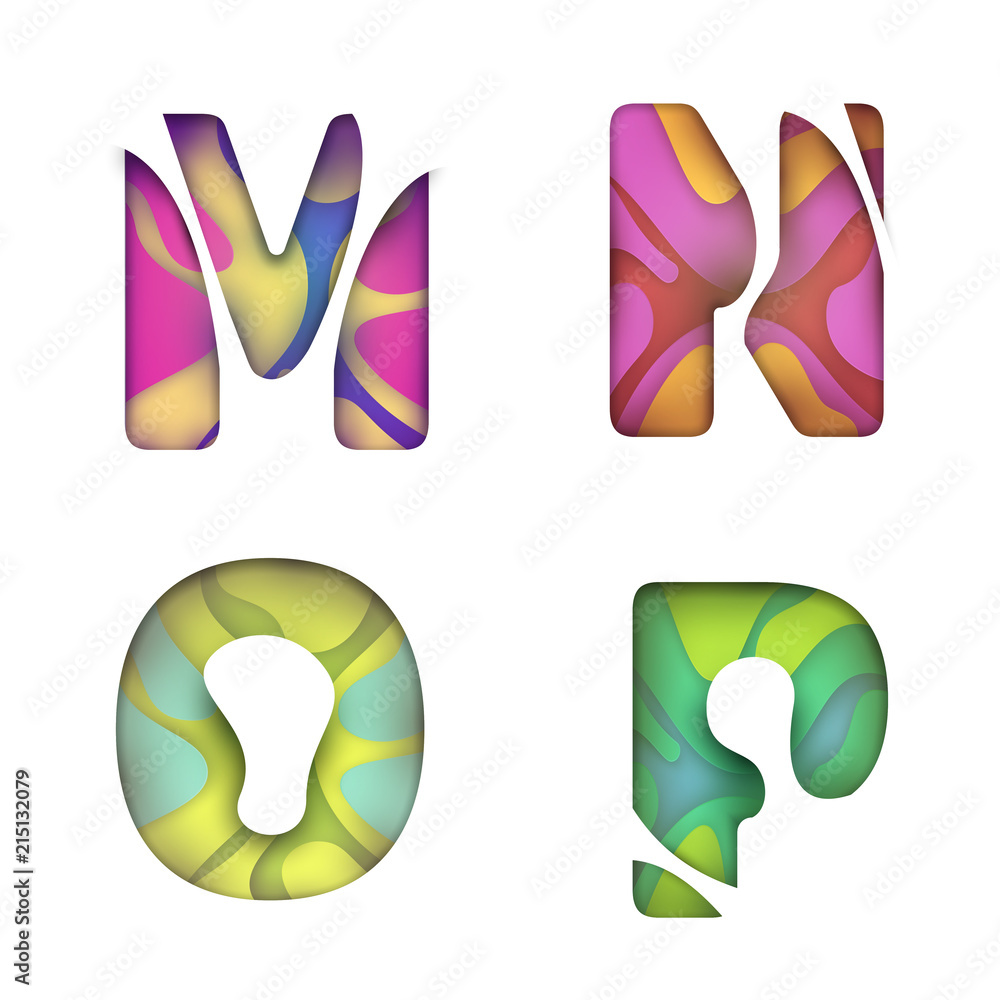 Paper cut color letter M N O P isolated on white background. Colorful ...