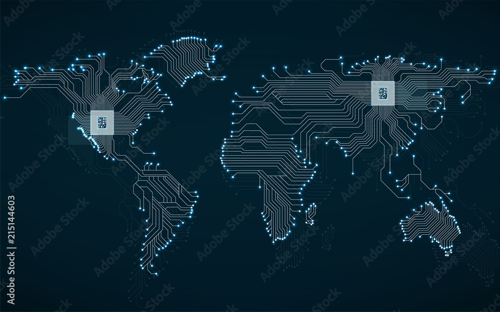 Abstract world map with cpu. Circuit board. Technology background ...