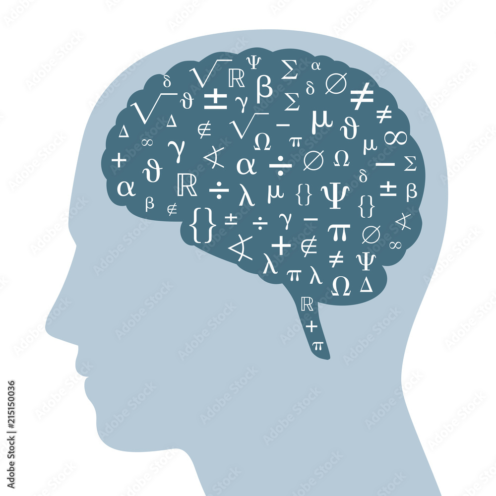 Mathematical symbols in a dark gray brain and silhouette of a head ...