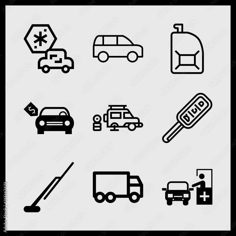 Simple 9 icon set of car related wiper, brand new car with dollar price ...