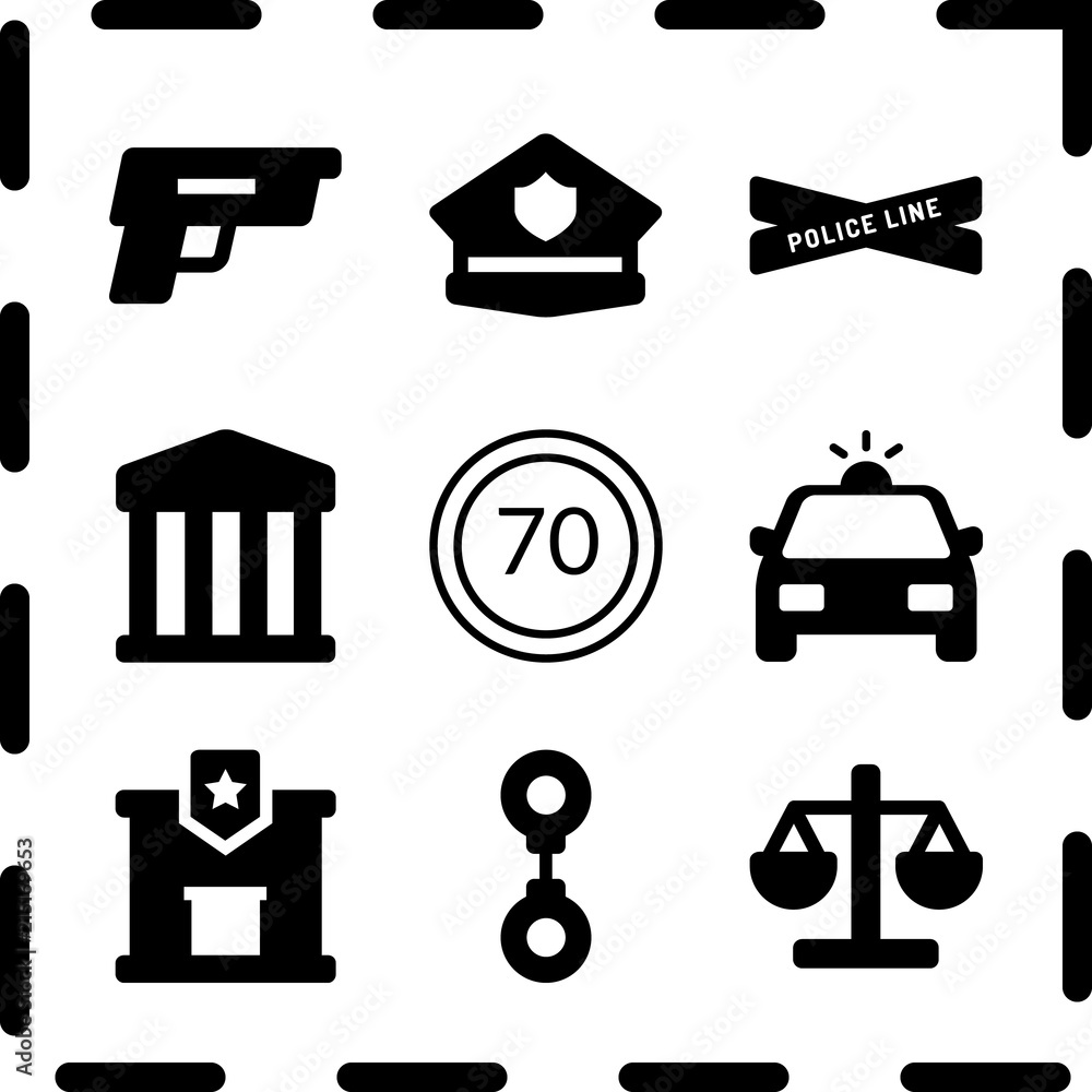 Simple 9 icon set of law related police line, speed limit, justice and ...