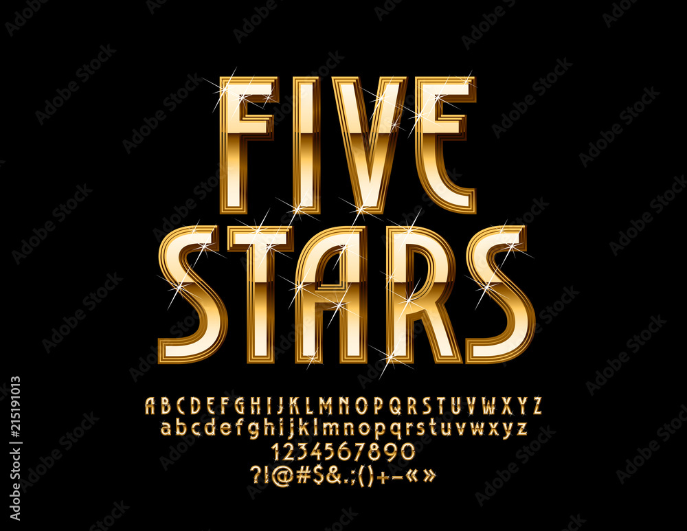 Vector glossy Emblem Five Stars. Metallic gradient Font. Luxury Golden ...
