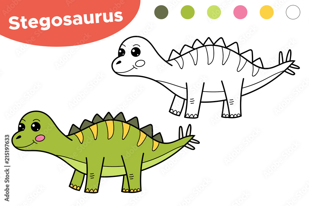Coloring book or page for kids. Hand drawn cartoon dinosaur Stegosaurus ...