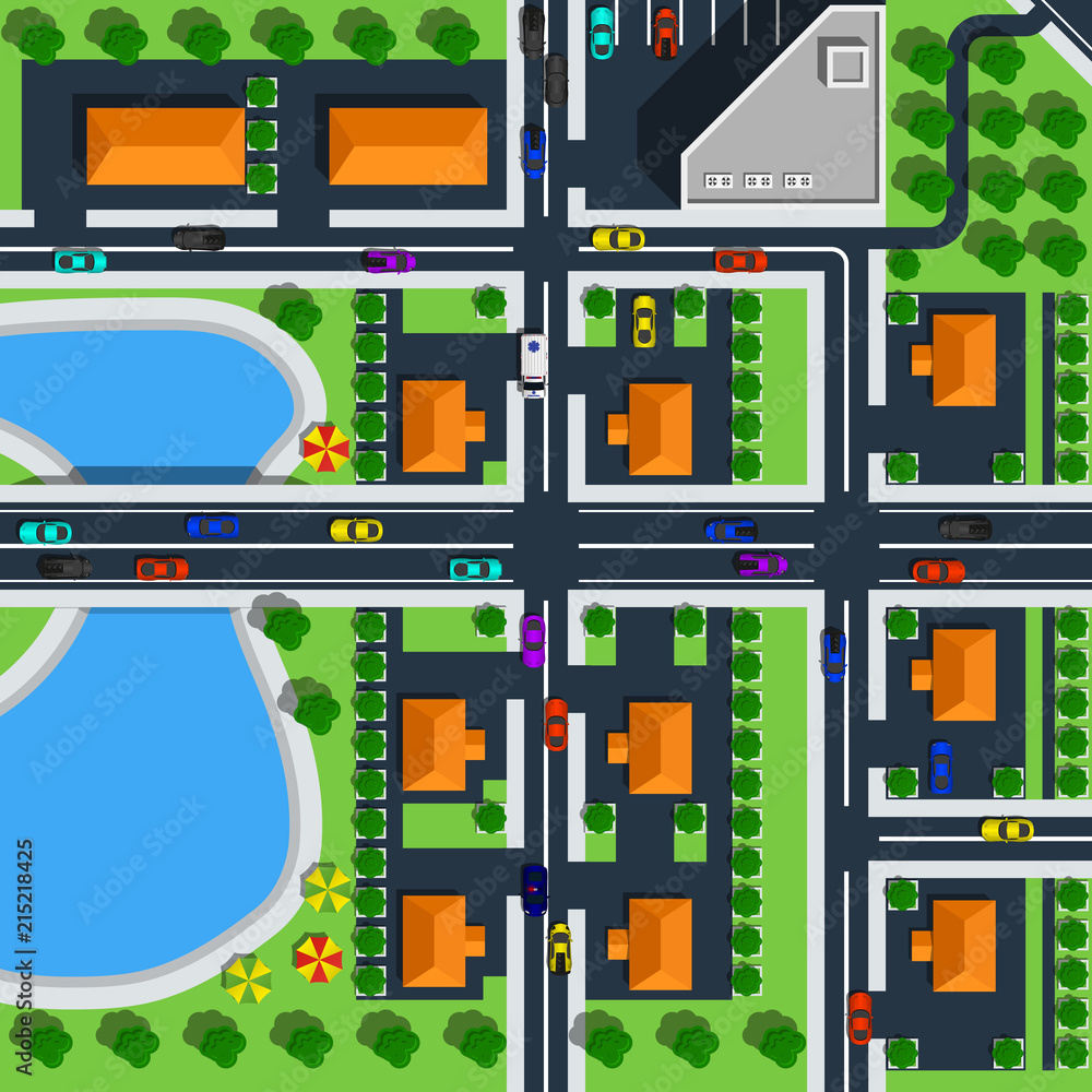 Top view city map includes suburb, crossroads, crosswalks and bridge ...