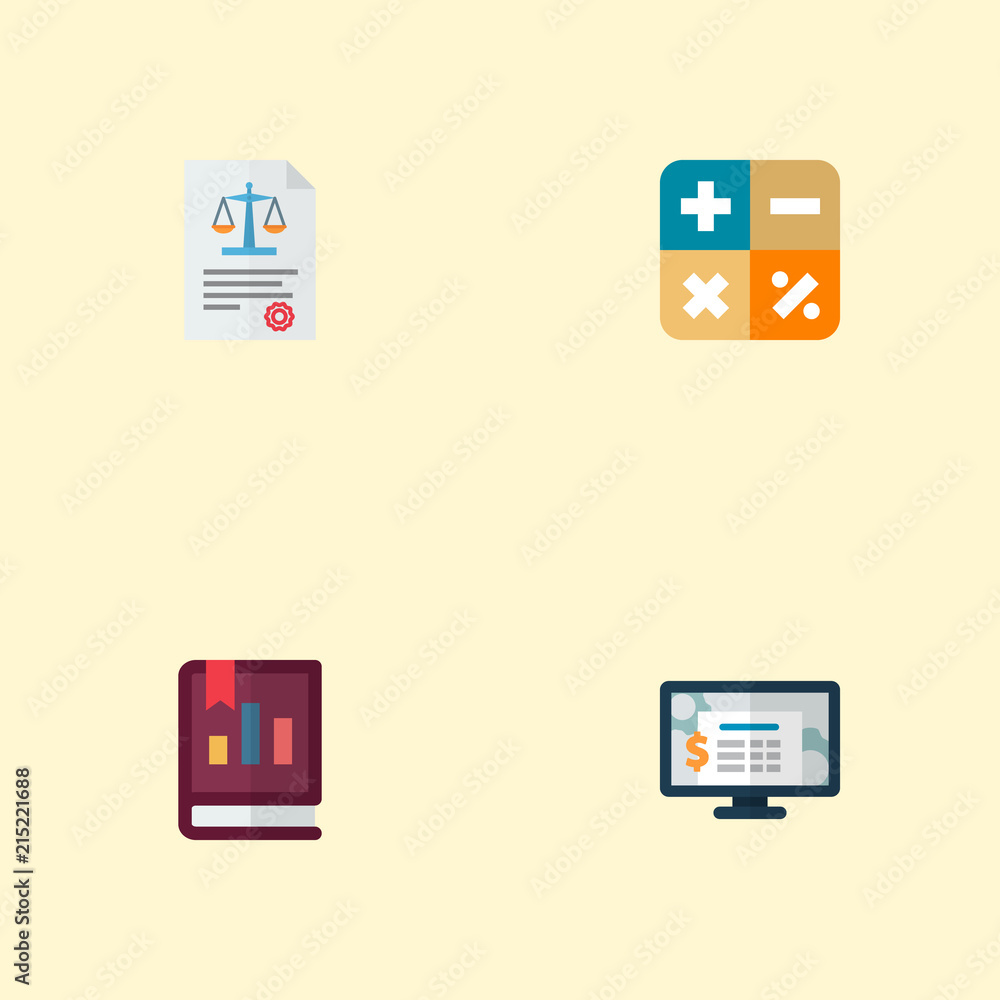 Set of registration icons flat style symbols with math, software, law ...