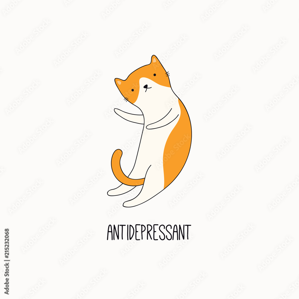 Hand drawn vector illustration of a cute funny cat, lying on its back ...