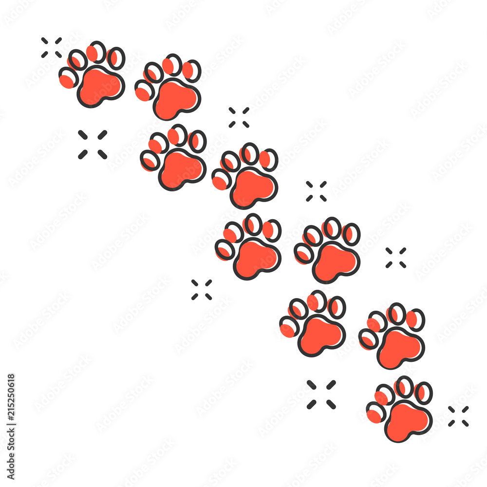 Vector cartoon paw print icon in comic style. Dog or cat pawprint sign ...