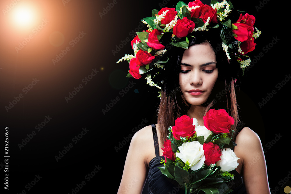 The abstract art design background of beauty lady is wearing rose crown ...
