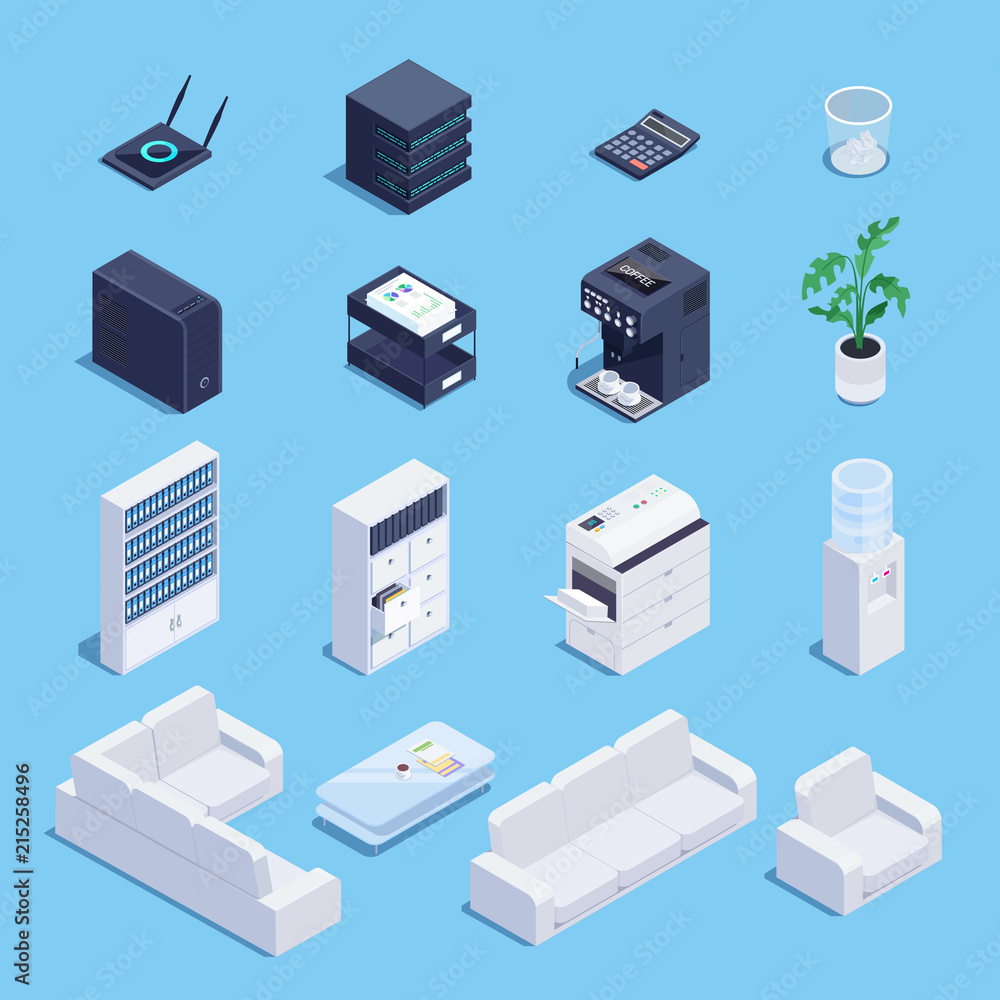 Isometric set of office equipment and furniture. Stock Vector | Adobe Stock