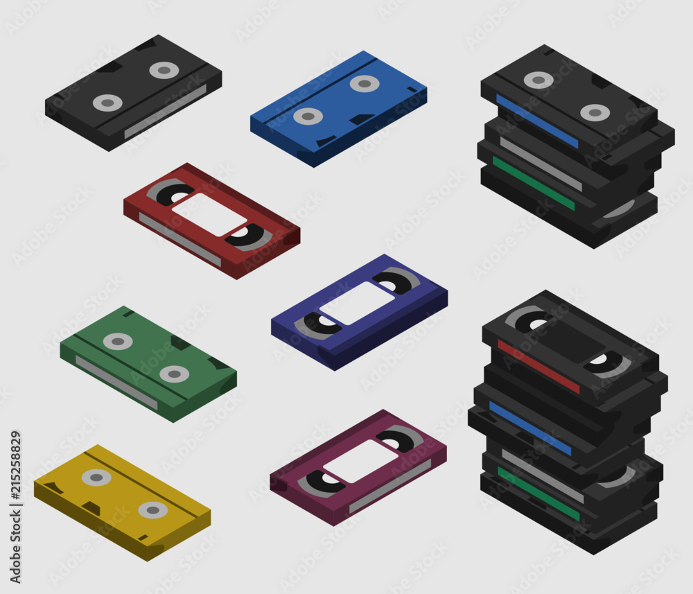 Colorful VHS video tape cassette isometric; Pile of VHS shown from ...