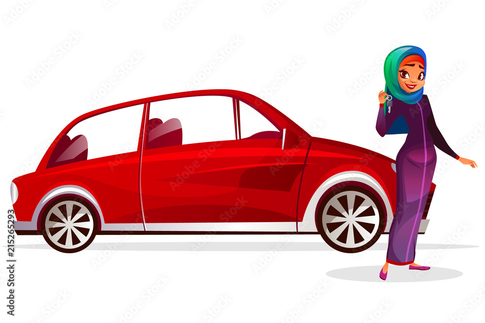 Arab woman and car cartoon vector illustration. Modern rich girl in ...
