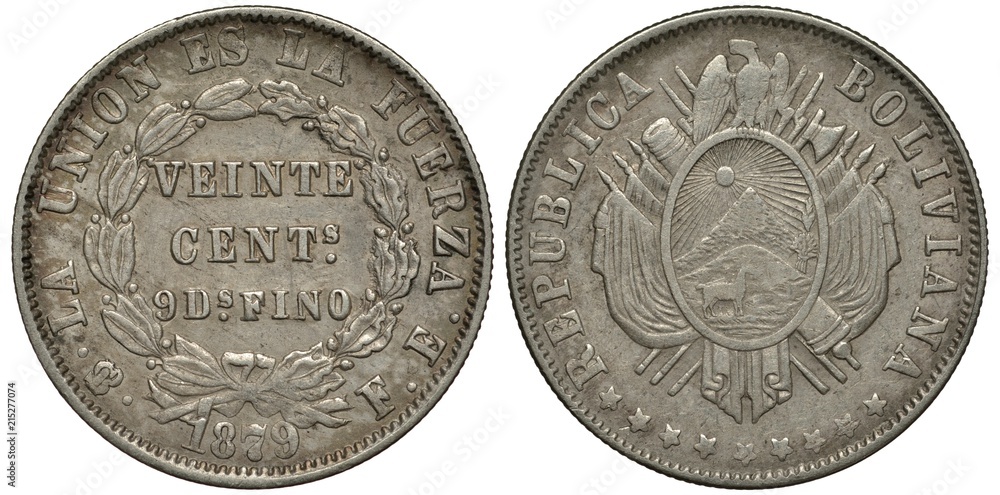 Bolivia Bolivian silver coin 20 twenty centavo 1879, face value and ...