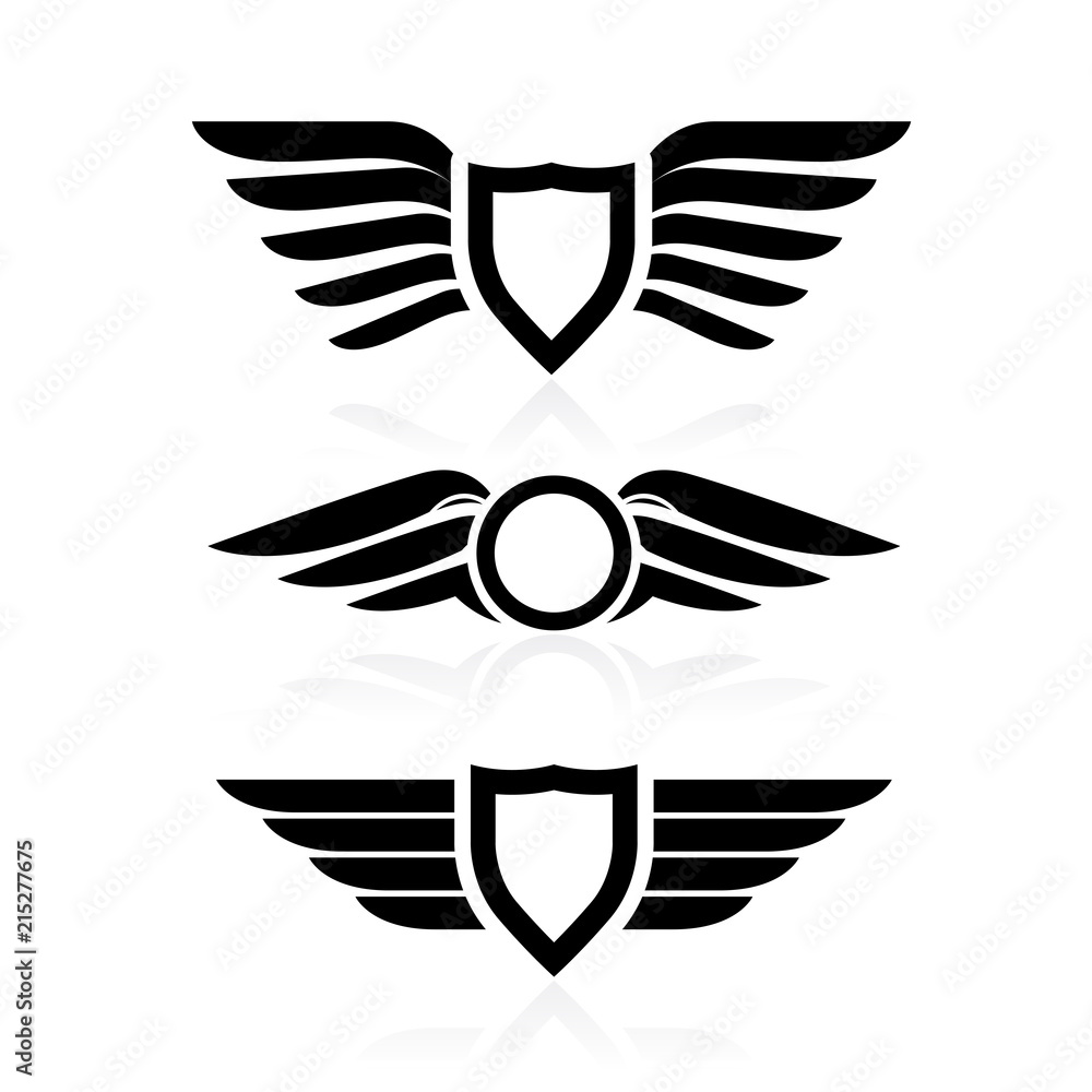 Shield with wings icons - winged badges and emblems in simple style ...