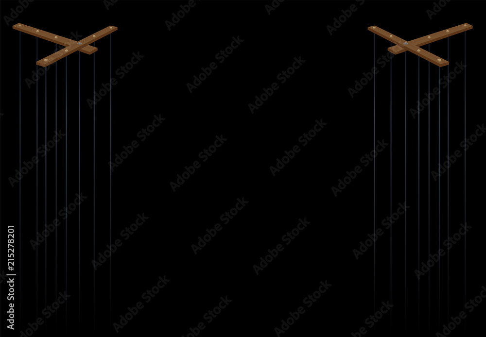 Puppet theater. Two wooden marionette control bars with long strings ...