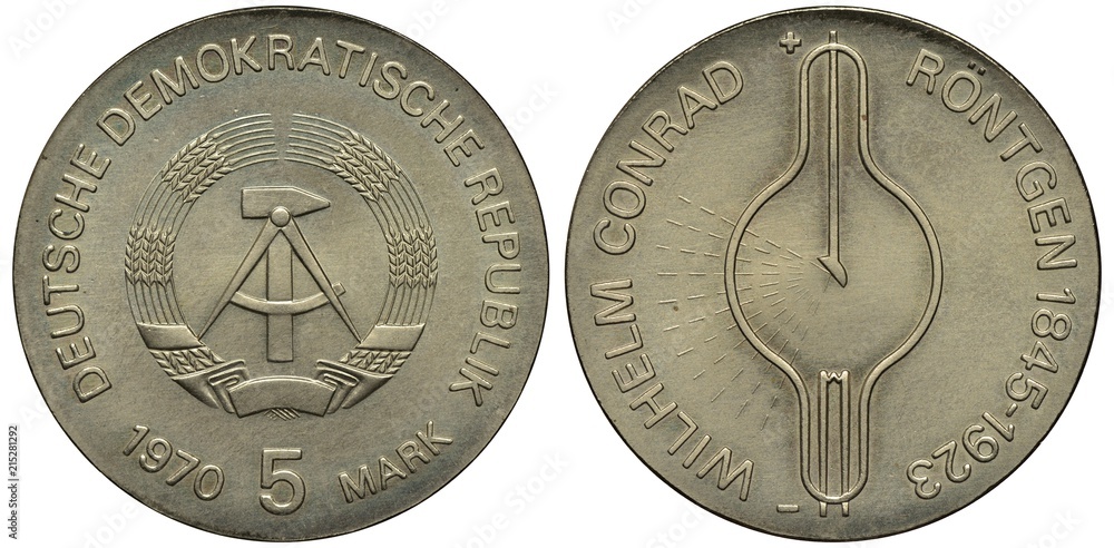East Germany coin 5 five mark 1970, hammer and compass flanked by ears ...