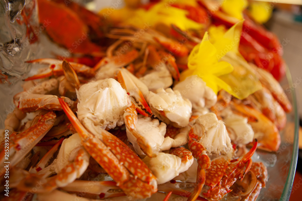 Fresh, juicy and tasty poached blue crab or horse crab chopped in their ...