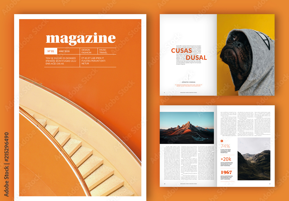 Magazine Layout with Orange Accents Stock Template | Adobe Stock