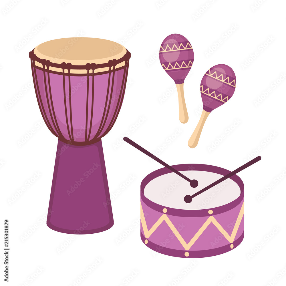 Percussion musical instruments vector set. Djembe drum, drum with ...