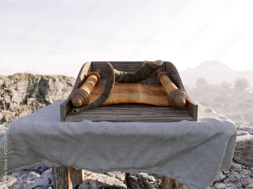 jewish holiday background with old scroll of tora and landscape concept ...