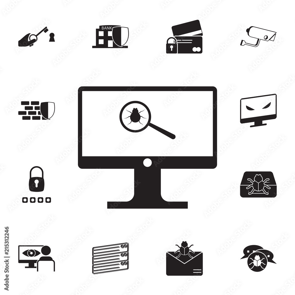 Vetor de beetle in the magnifier on the monitor screen icon. Detailed set of cyber security ...