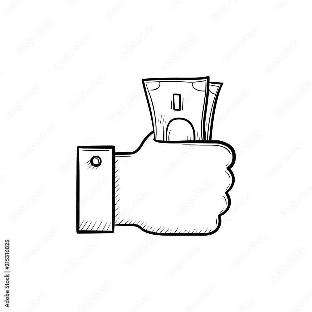 Hand holding banknotes hand drawn outline doodle icon. Spending and ...